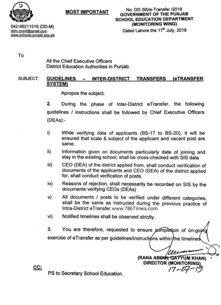 GUIDELINES FOR INTER-DISTRICT Transfer(E-Transfer)