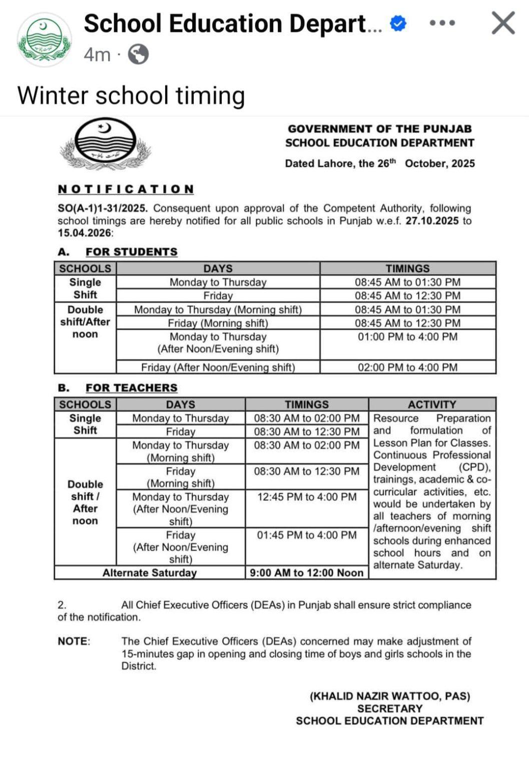 Punjab Announces Winter School Timings 2025–26 for All Public Schools