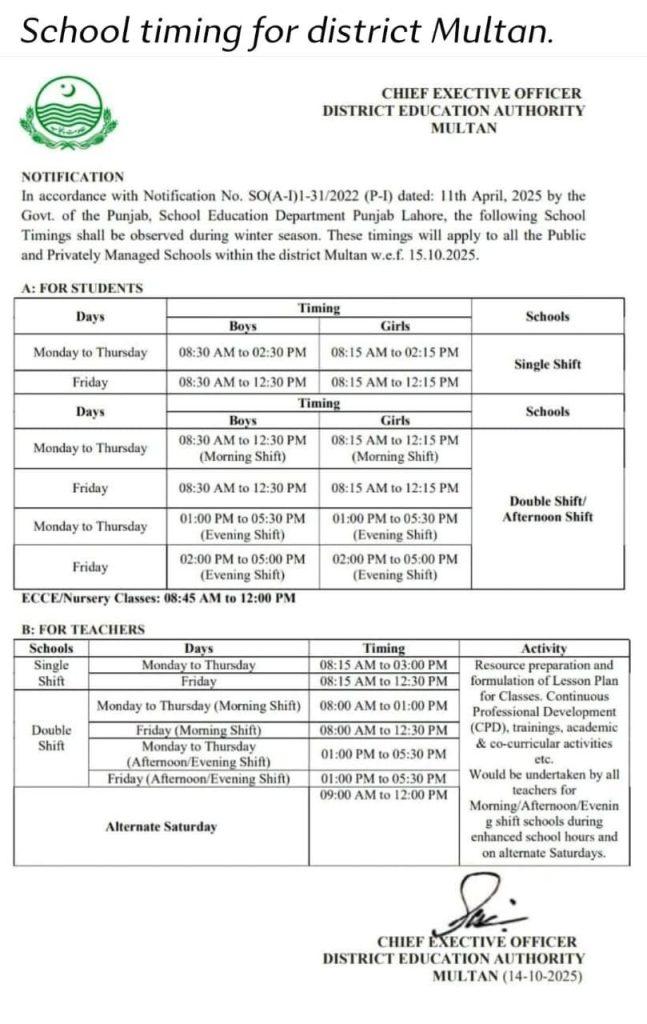 School Timing from October 16 2025 in Punjab for winter