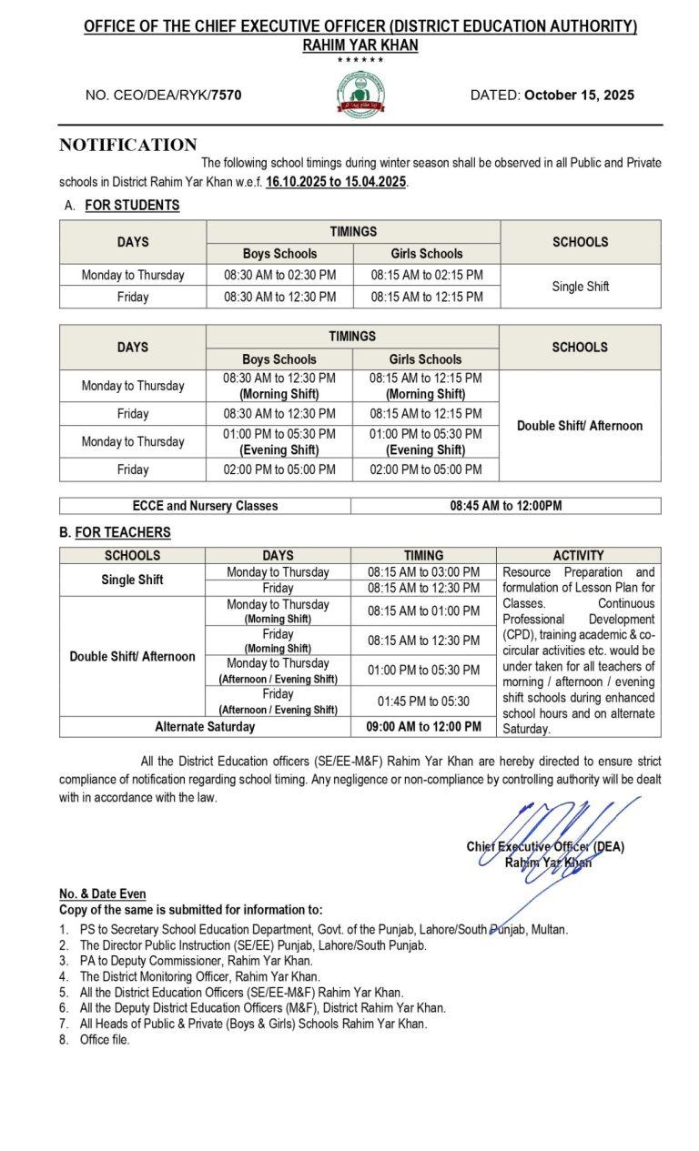 School Timing from October 16 2025 in Punjab for winter